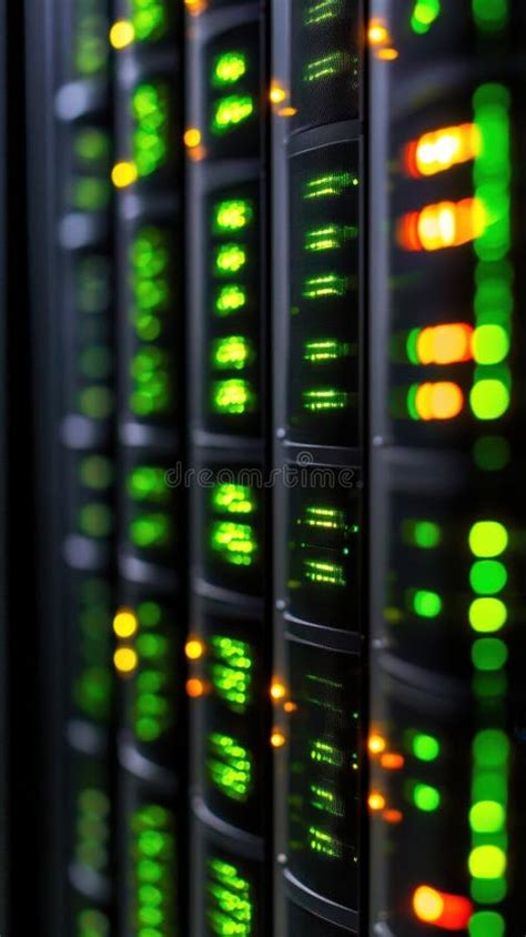 Modern Data Server Rack With Illuminated Indicator Lights In A Secure Data Center With
