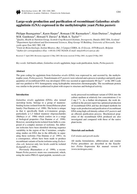 Pdf Large Scale Production Purification And Characterisation Of Recombinant Phaseolus