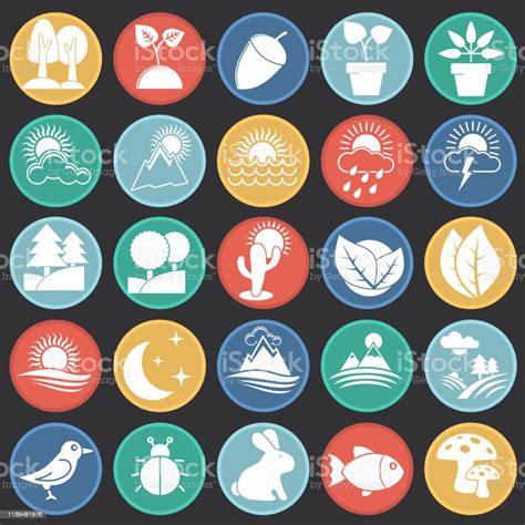 자연 관련 아이콘 그래픽 및 웹 디자인에 대 한 색상 서클 배경 설정 간단한 벡터 기호입니다 웹 사이트 버튼 또는 모바일 앱에 대 한 인터넷 개념 기호입니다 계절에 대한