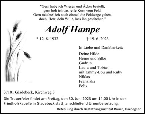 Traueranzeigen Von Adolf Hampe Trauer Anzeigen De