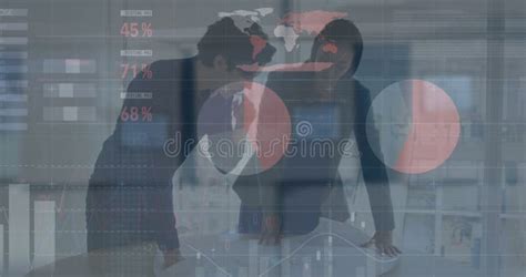 Animation Of Statistical Data Processing Over Diverse Man And Woman Discussing Over A Plan At