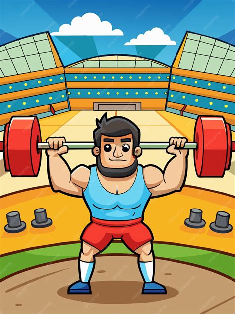 Cartoon Weightlifter Lifting Barbell In Stadium Setting Premium Ai
