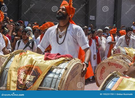 Pune India September 4 2017 Shivmudra Dhol Tasha Pathak Playing Dhol On The Occasion Of
