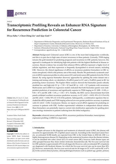 Pdf Transcriptomic Profiling Reveals An Enhancer Rna Signature For Recurrence Prediction In