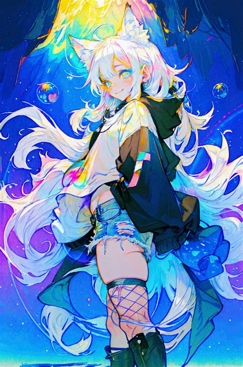 늑대 귀를 가진 귀여운 성인 남성 길고 흰 머리카락 긴 자물쇠 늑대 꼬리가 있습니다 헐렁한 크롭 블랙 후드티를 입고 Seaart Ai