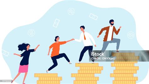매출 성장 사람들은 동전을 타고 올라갑니다 비즈니스 팀워크에 대한 상호 지원 성공의 길 금융 이익 벡터 일러스트 성장 개념에