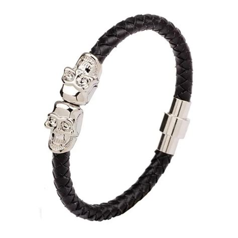 Браслет шкіряний "Два черепа" (срібного кольору) - goodgifts.shop