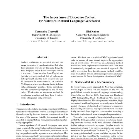 The Importance Of Discourse Context For Statistical Natural Language Generation Acl Anthology