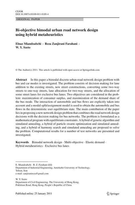 Pdf Bi Objective Bimodal Urban Road Network Design Using Hybrid Metaheuristics