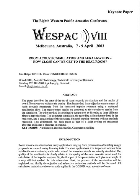 Pdf Room Acoustic Simulation And Auralization How Close Can We Get To The Real Room Keynote
