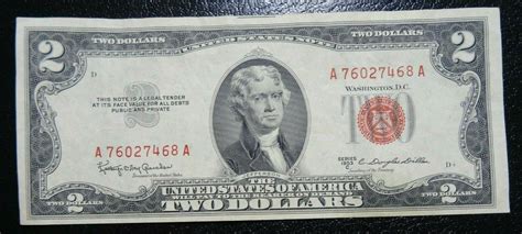 Scarce 1953c Mule Note Two Dollar 2 Bill Red Seal Old Usn Currency