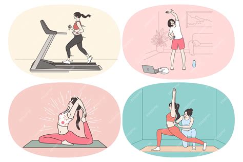 현대 여성 개념의 스포티한 라이프 스타일입니다 집과 체육관 벡터 일러스트레이션에서 사무실에서 조깅을 하고 요가 운동을 하는