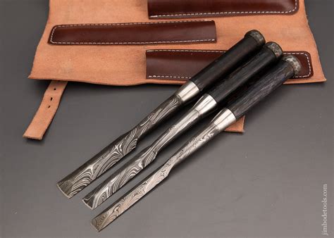 Set Of 3 Massive Japanese Style Damascus Chisel By Mughal Signed 103