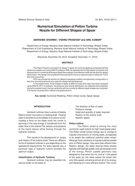 [pdf] Numerical Simulation Of Pelton Turbine Nozzle For Different Shapes Of Spear