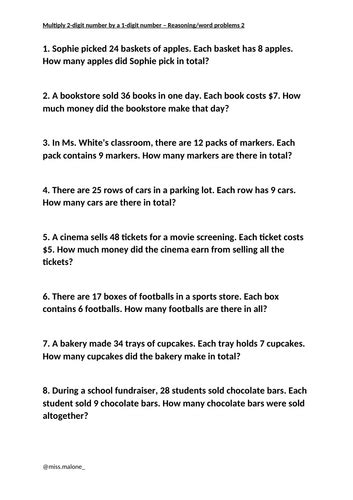 reasoning word problem multiplying 2 digit number by a 1 digit number