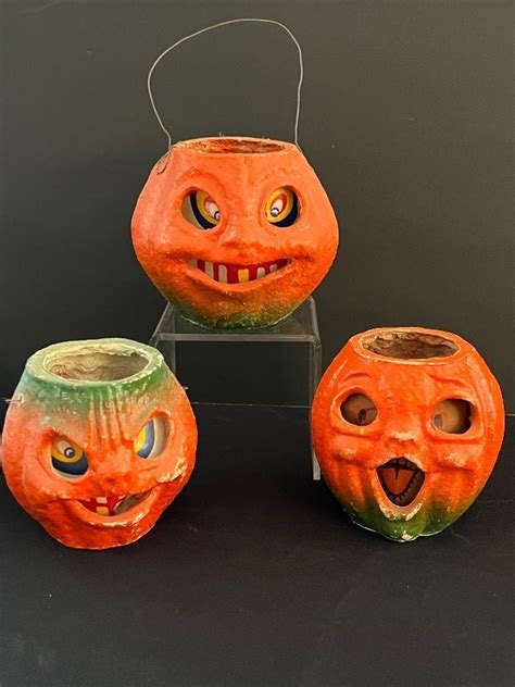 Three Vintage Paper Mache Pumpkins Vintage Halloween Decorations