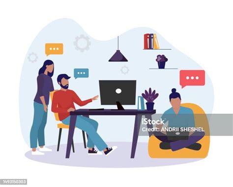 그룹은 성과에 대해 토론하고 아이디어를 생산합니다 사람들은 편안한 환경에서 일합니다 3 명에 대한 스톡 벡터 아트 및 기타 이미지 3 명 개발 공연 Istock