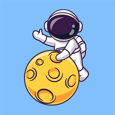 달과 손을 흔드는 귀여운 우주 비행사 만화 벡터 아이콘 그림 과학 기술 아이콘 플랫 프리미엄 벡터