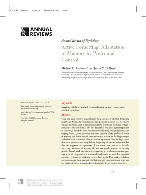 2021 Active Forgetting Adaptation Of Memory By Prefrontal Control