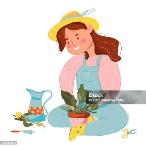 정원 벡터 일러스트에서 작업 귀여운 만화 소녀 급수 와 여자 수 벡터 봄 원예 플랫 만화 낙서 벡터 일러스트 계절에 대한 스톡