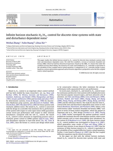Pdf Stochastic H2 H∞ Control For Discrete Time Systems With Multiplicative Noise In State And