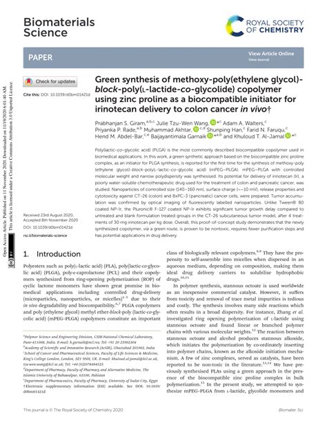 Pdf Green Synthesis Of Methoxy Polyethylene Glycol Block Polyl Lactide Co Glycolide
