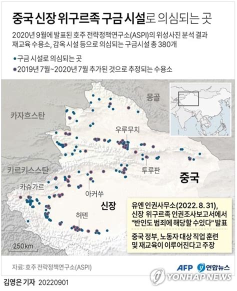 [그래픽] 중국 신장 위구르족 구금 시설로 의심되는 곳 연합뉴스