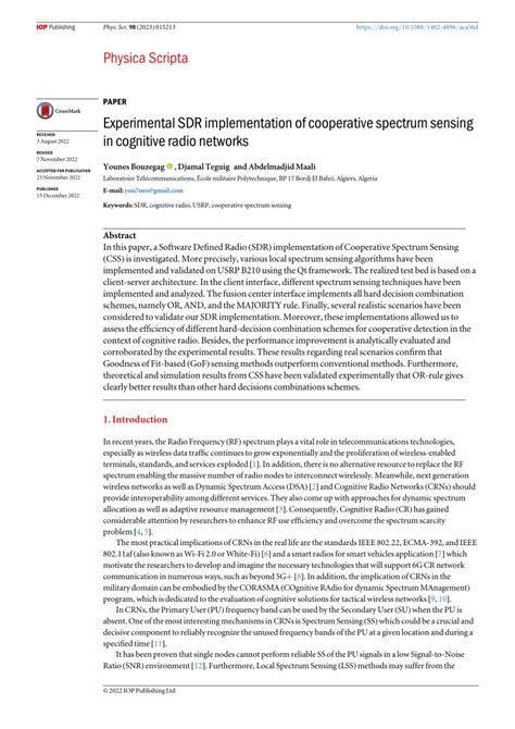 Experimental Sdr Implementation Of Cooperative Spectrum Sensing In Cognitive Radio Networks