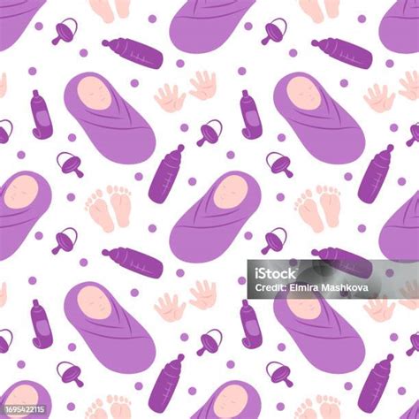 포장된 아기 젖꼭지 젖병 베이비 크림 발자국 손자국 및 원이 있는 매끄러운 패턴 플랫 컬러 벡터 그림입니다 0명에 대한 스톡 벡터 아트 및 기타 이미지 Istock