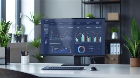 Premium Photo Sleek Office Workspace Featuring Data Analysis On Screen