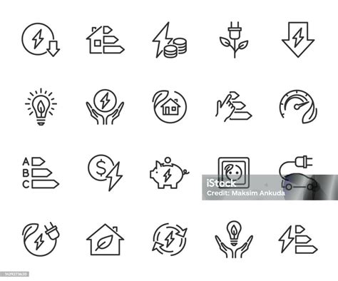 에너지 절약 라인 아이콘의 벡터 세트입니다 아이콘 에너지 효율 전력 소비 에너지 비용 온실 감소 소비 전기 자동차 등이 포함되어 있습니다 픽셀 완벽한 아이콘에 대한 스톡