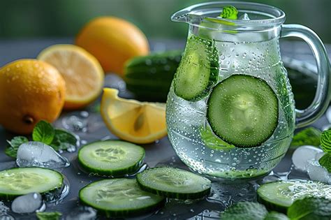 A Pitcher Of Cucumber Water With Cucumber Slices And Lemon Slices Premium Ai Generated Image