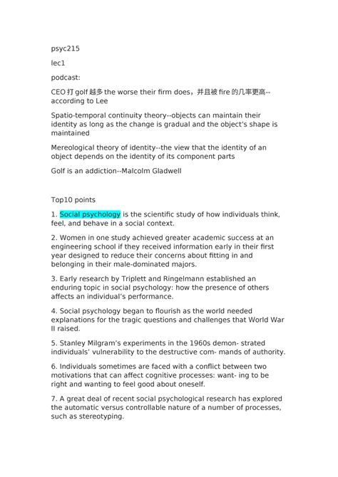 Psyc215lec Notes Lec1 Psyc 215 Lec 1 Podcast Ceo 打 Golf 越多 The Worse Their Firm Does，并且被 Fire