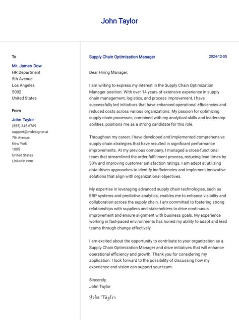 18 Supply Chain Optimization Manager Cover Letter Examples And Samples For 2024 Resumedesign Ai