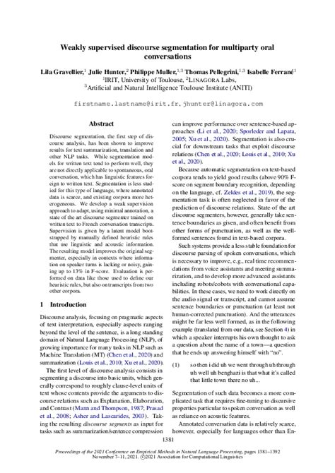 Pdf Weakly Supervised Discourse Segmentation For Multiparty Oral Conversations