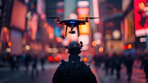 Premium Photo A Police Officer Uses A Drone For Crowd Surveillance In The Cityscape Concept