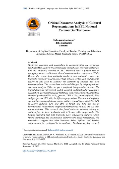Pdf Critical Discourse Analysis Of Cultural Representations In Efl National Commercial Textbooks