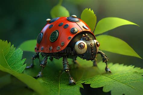 Close Up Of A Robot Ladybug Sitting On Leaves In The Outdoor Generative Ai Stock Illustration