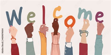 Raised Arms Of Colleagues Or Friends Diverse Multi Ethnic Multicultural People Holding Letters