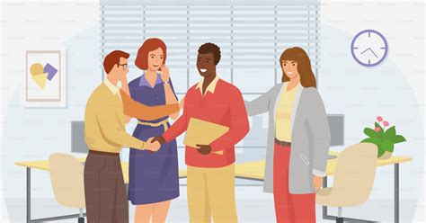 행복한 여성 또는 여성 사업가는 사무실에서 동료들로부터 축하를 받습니다 사무원은 직장에서 승진했습니다 비즈니스 팀 커뮤니케이션 기업 단합 및 효과적인 상호 작용 벡터