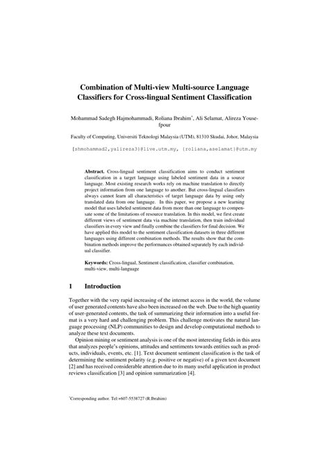 Pdf Combination Of Multi View Multi Source Language Classifiers For Cross Lingual Sentiment