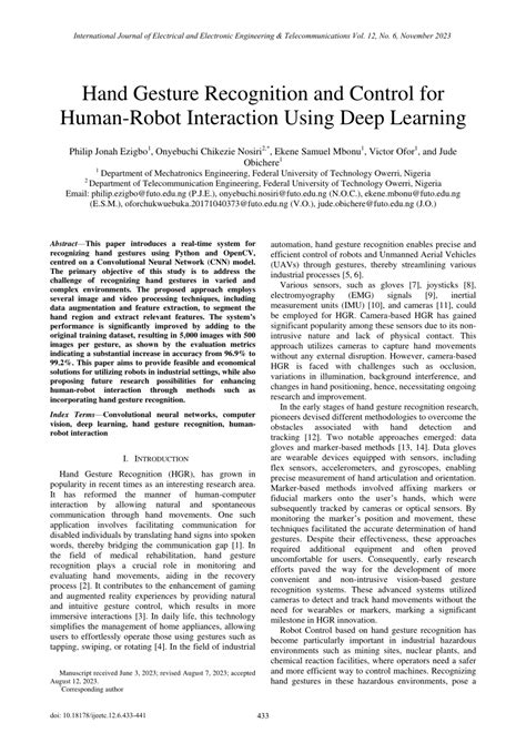 Pdf Hand Gesture Recognition And Control For Human Robot Interaction Using Deep Learning