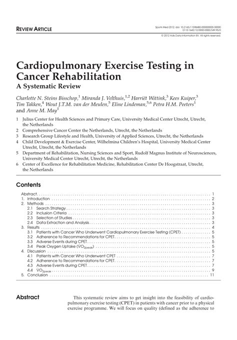 Pdf Cardiopulmonary Exercise Testing In Cancer Rehabilitation