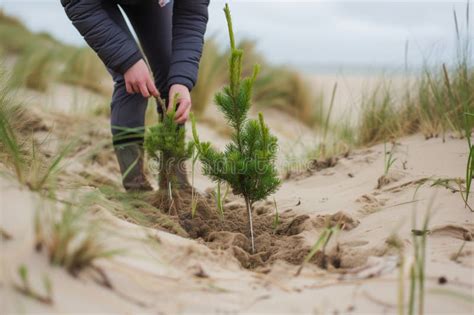 Individual Planting Trees On Dunes To Prevent Coastal Erosion Stock Image Image Of Protection