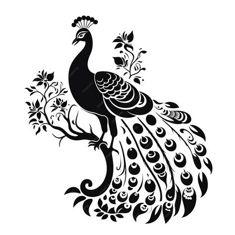 A Silhouette Black And White Peacock With A Flower Premium Ai Generated Image