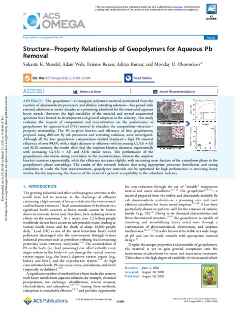 Structureproperty Relationship Of Geopolymers For Aqueous Pb Removal