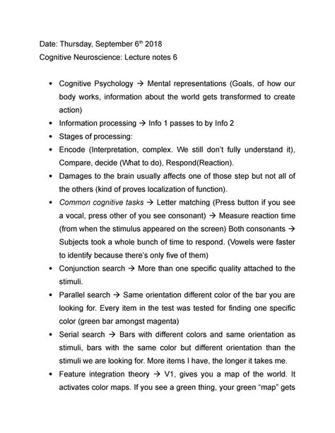 Cognitive Neuroscience Lecture Notes 6 Date Thursday September 6th 2018 Cognitive