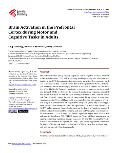 Pdf Brain Activation In The Prefrontal Cortex During Motor And Cognitive Tasks In Adults