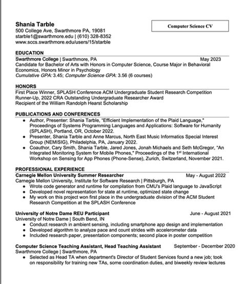 Computer Science Cv Sample Career Center Swarthmore College