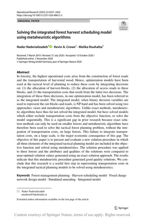 Solving The Integrated Forest Harvest Scheduling Model Using Metaheuristic Algorithms Request Pdf